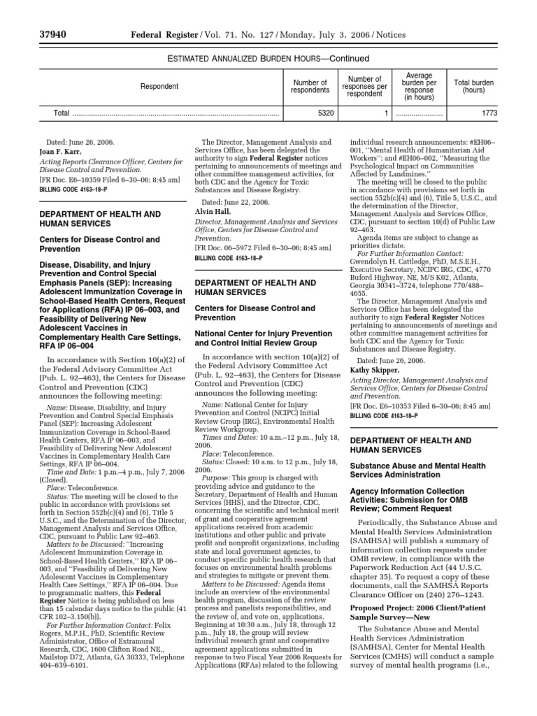 Notice: Meetings: Disease, Disability, and Injury Prevention and ...