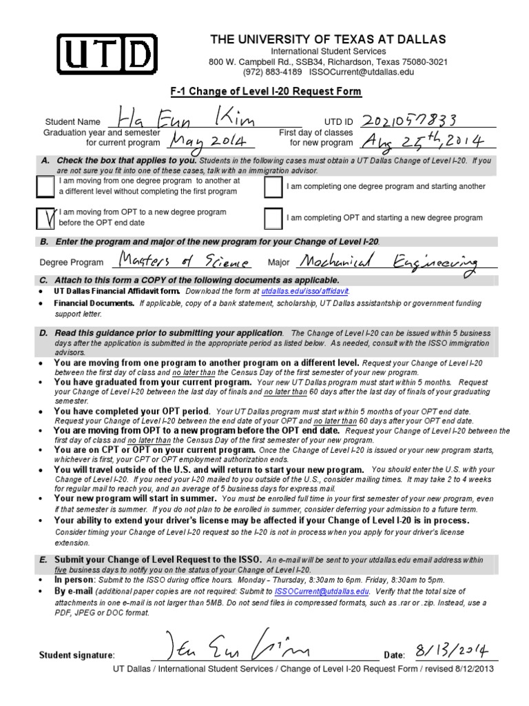 The University of Texas at Dallas: F-1 Change of Level I-20 Request ...