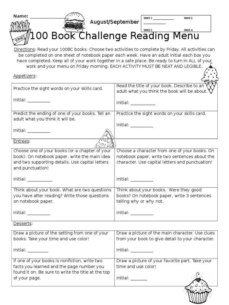 100 Book Challenge Activities Menu | PDF | Language Arts & Discipline