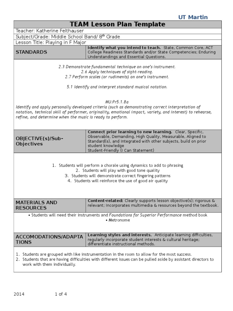 TEAM Lesson Plan Template: Standards | PDF | Educational Assessment ...