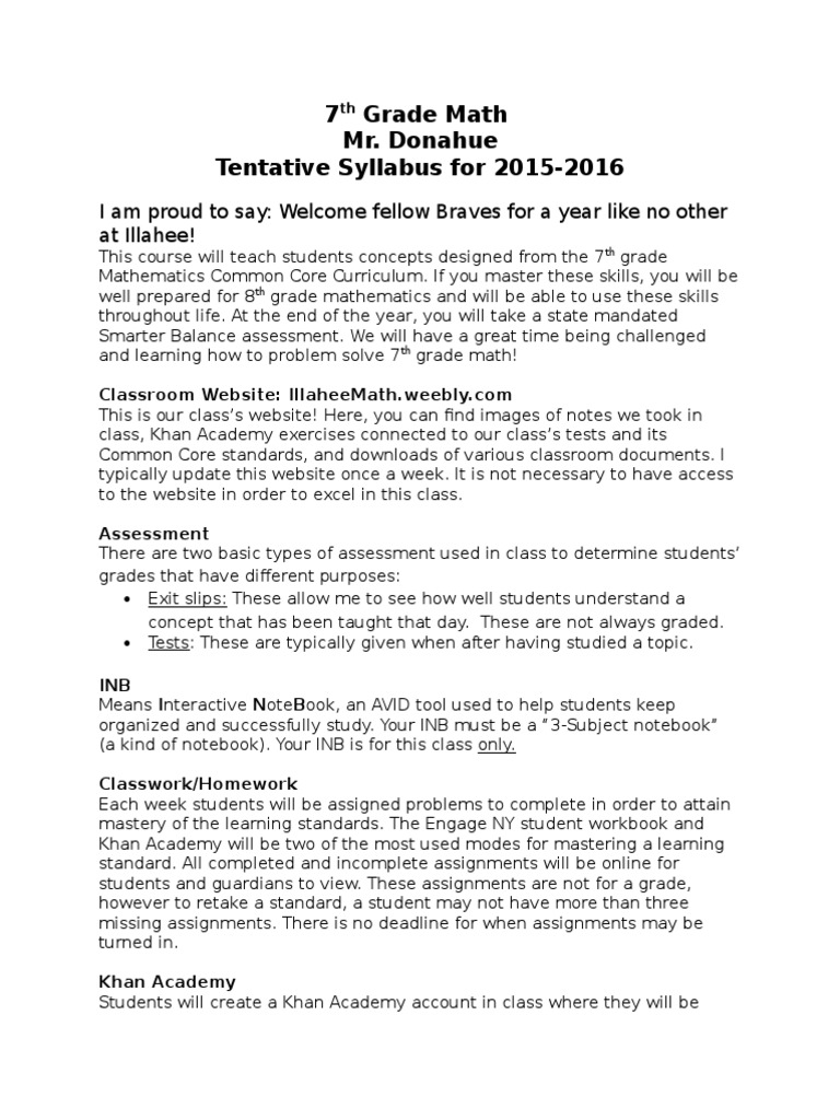 7th Grade Math Syllabus 2015-2016 | PDF | Common Core State Standards ...
