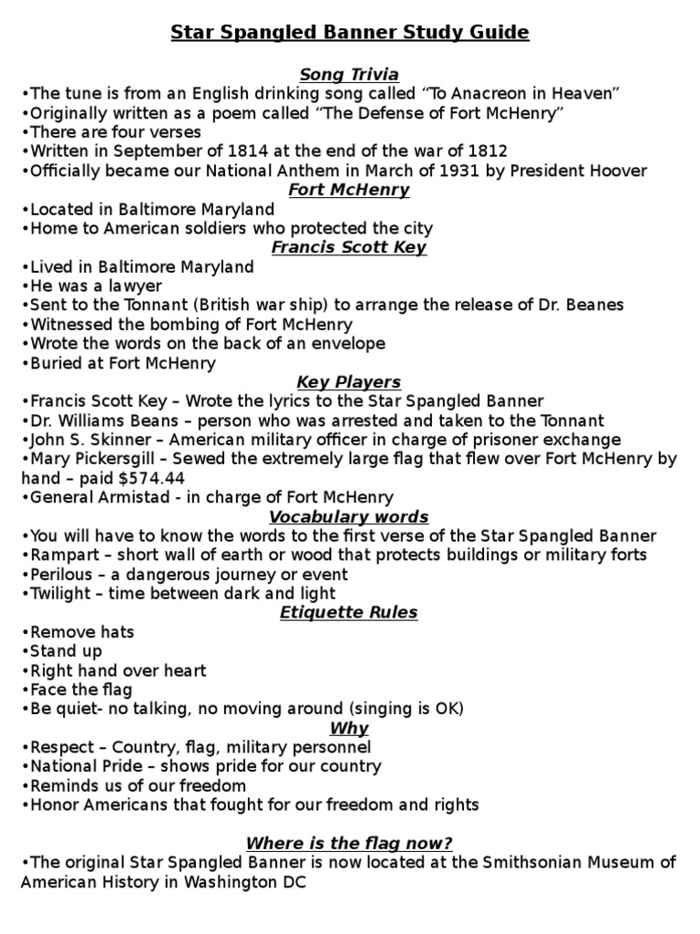 Star Spangled Banner Study Guide | PDF | The Star Spangled Banner | Unrest