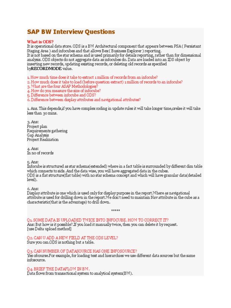 SAP BW Interview Questions: What Is ODS? | PDF | Performance Indicator ...