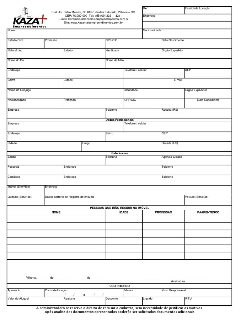 Modelo Ficha de Cadastro Locatário | PDF