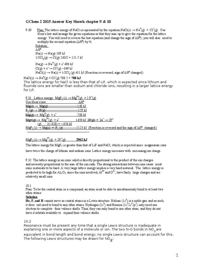 Answer Key HMWK - 1 CHPT 9 - 10 | PDF | Chemical Bond | Valence (Chemistry)