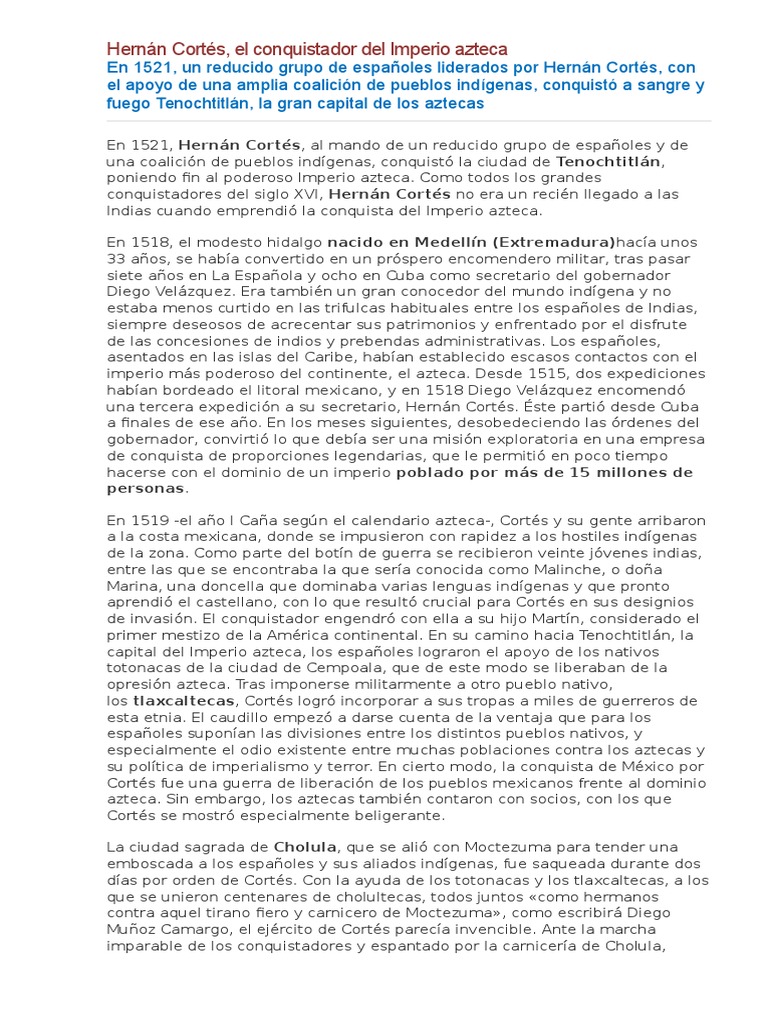 Resumen Conquista Imperio Azteca | PDF | Hernán Cortés | Conquistador
