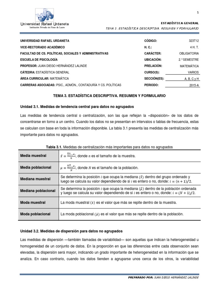 Formulario - Tema 3. Estadística Descriptiva | PDF | Cuantil | Histograma
