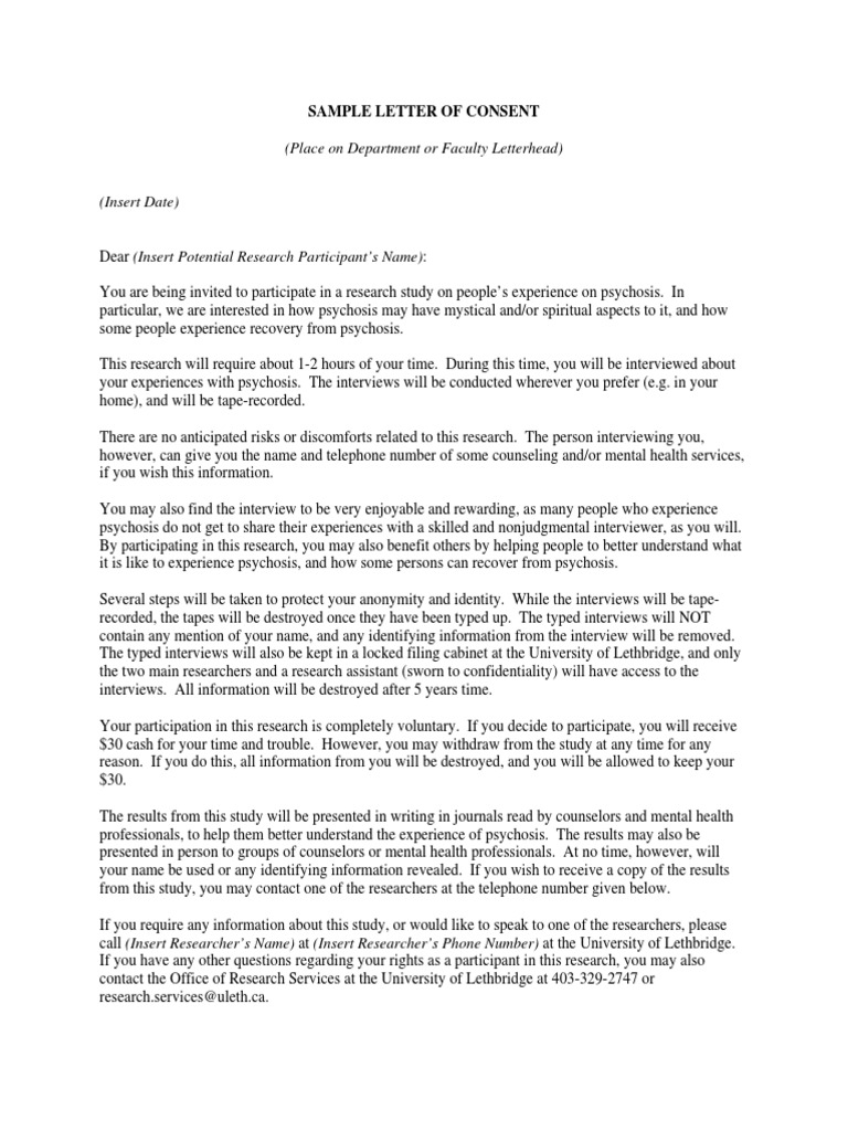 Human Subject Research Sample Letter of Consent | PDF | Informed Consent | Conflict Of Interest