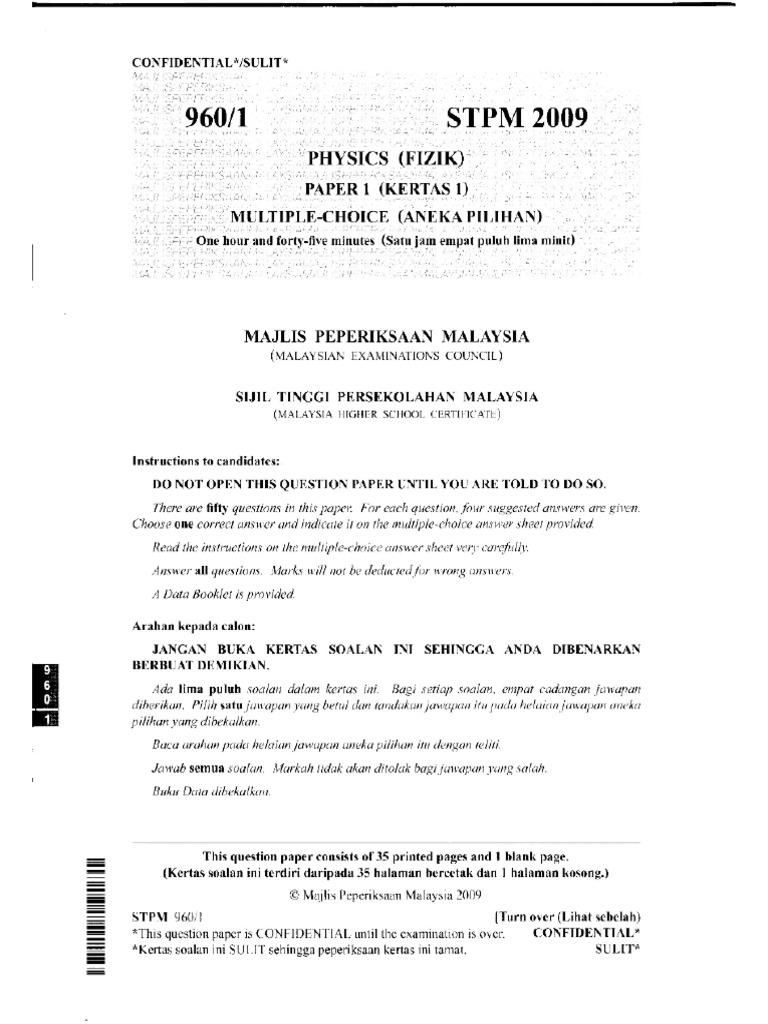 Physics STPM 2009 P1 | PDF