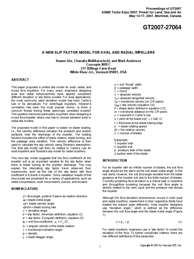 A New Slip Factor Model For Axial and Radial Impellers | PDF ...