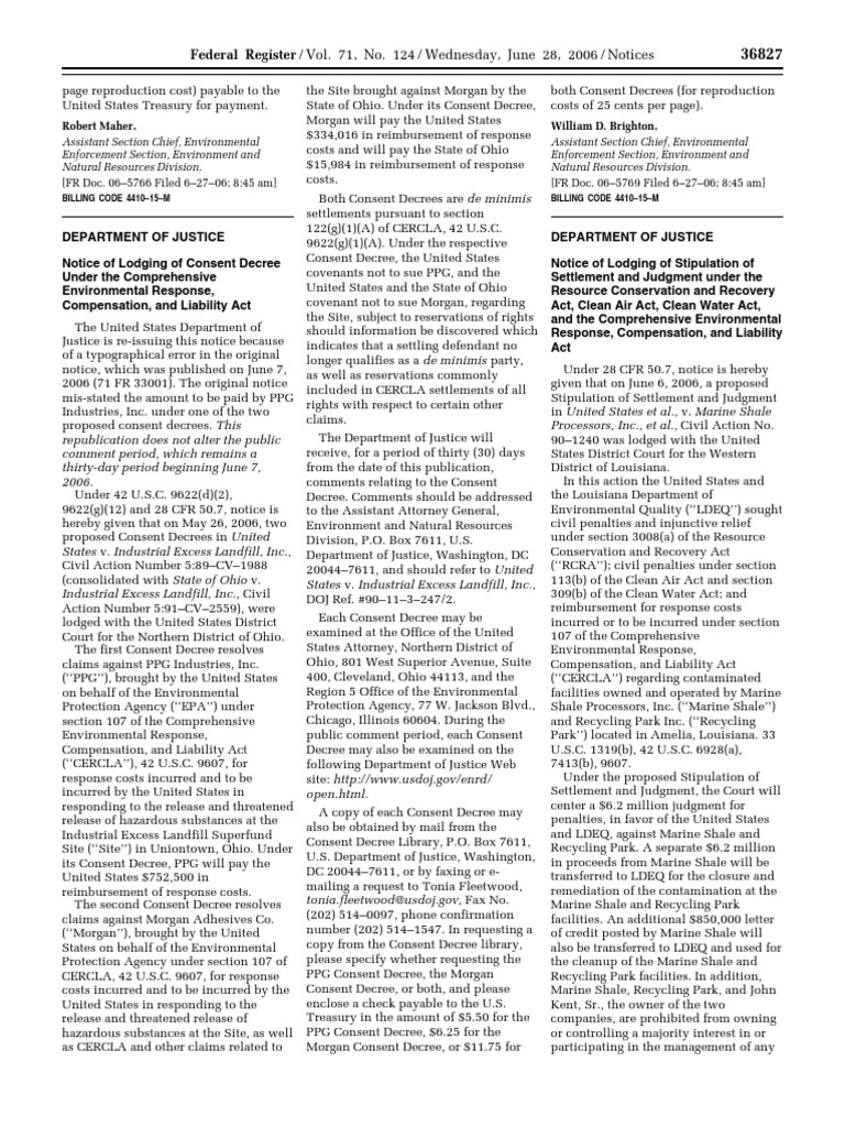 Notice: Pollution Control Consent Judgments: Marine Shale Processors ...