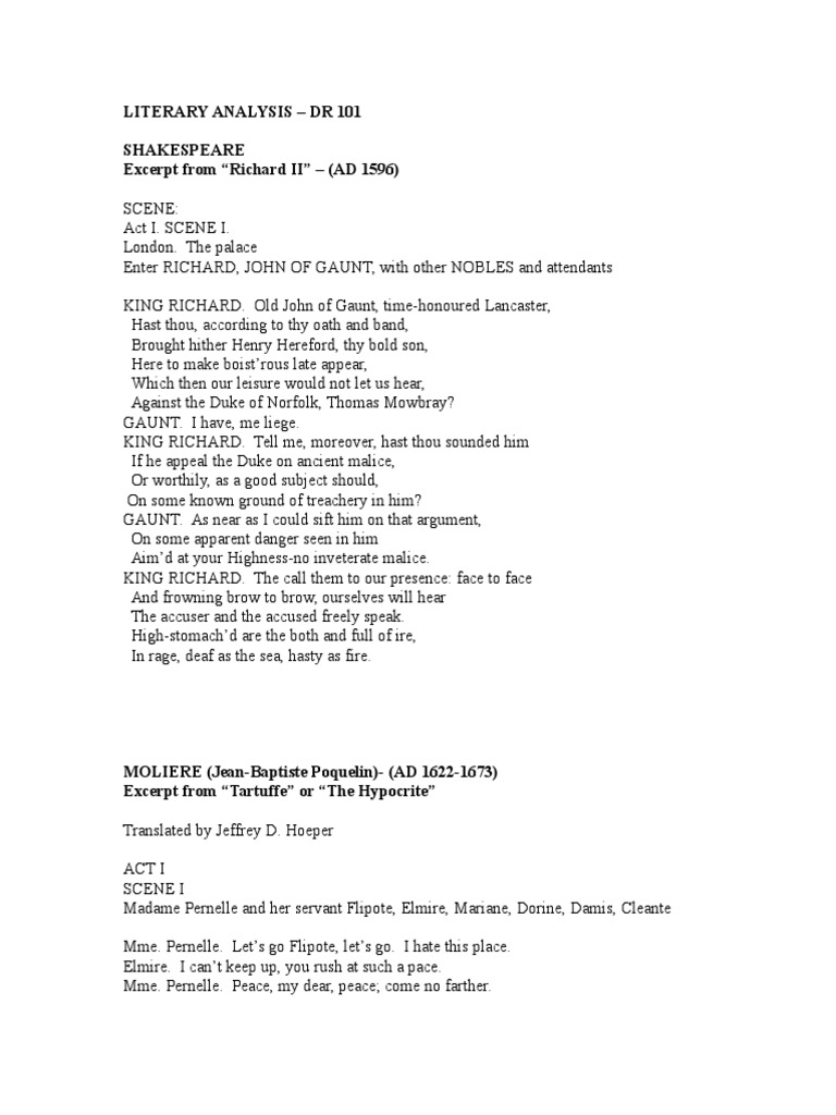 Literary Analysis - DR 101 Shakespeare Excerpt From "Richard II" - (AD ...