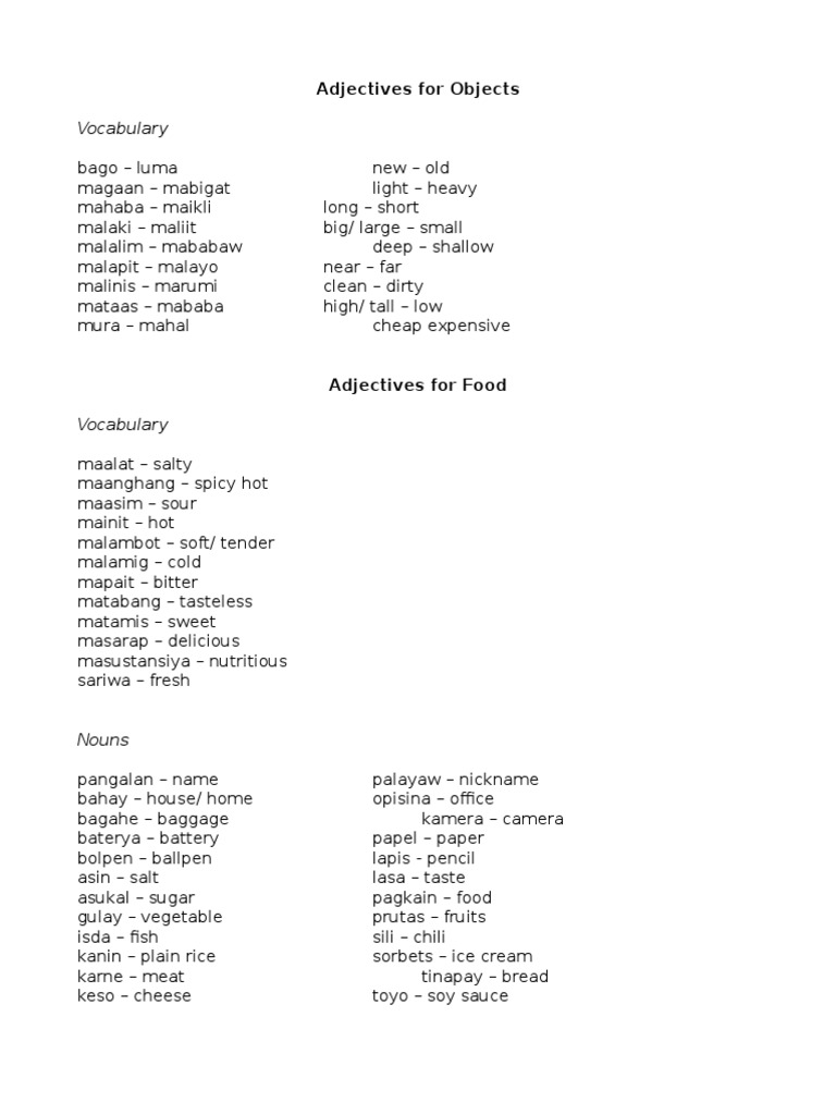 Adjectives for Describing Objects and Food | PDF