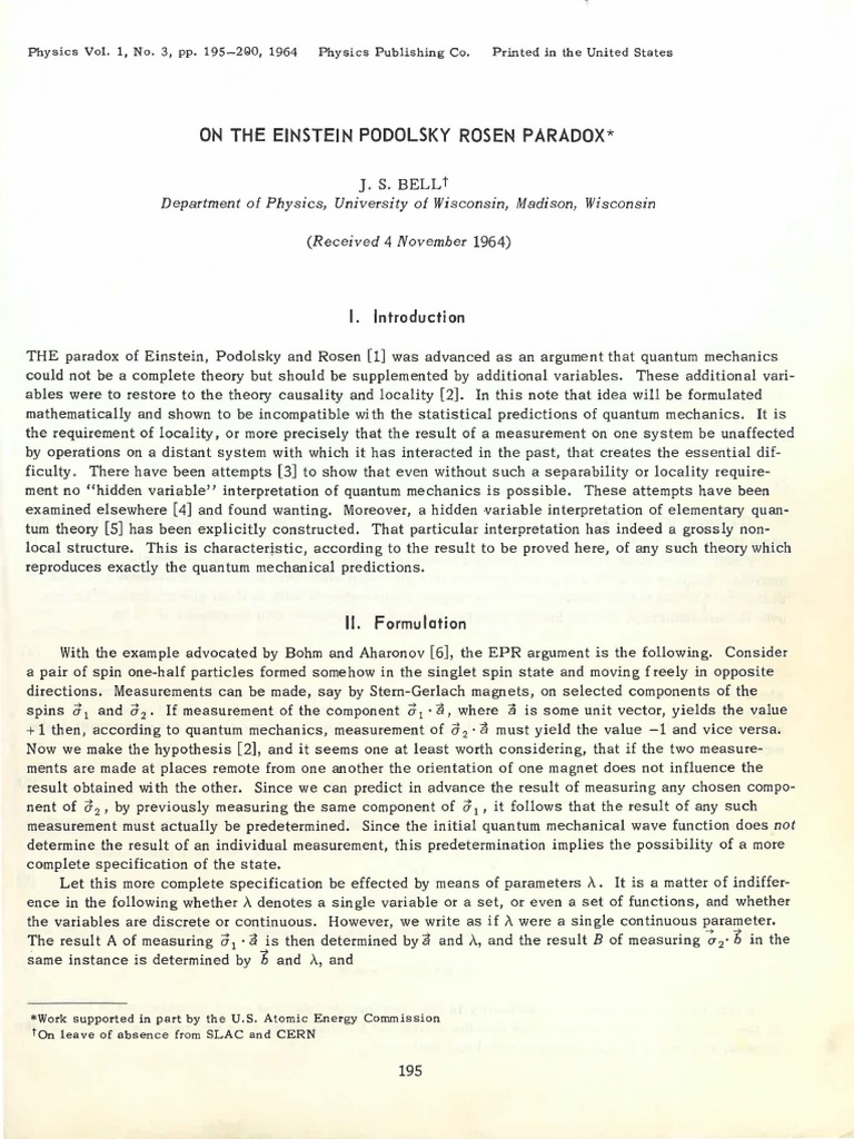 Bell, J. S. (1964) "On The Einstein-Podolsky-Rosen Paradox" | PDF | Modern Physics | Quantum ...