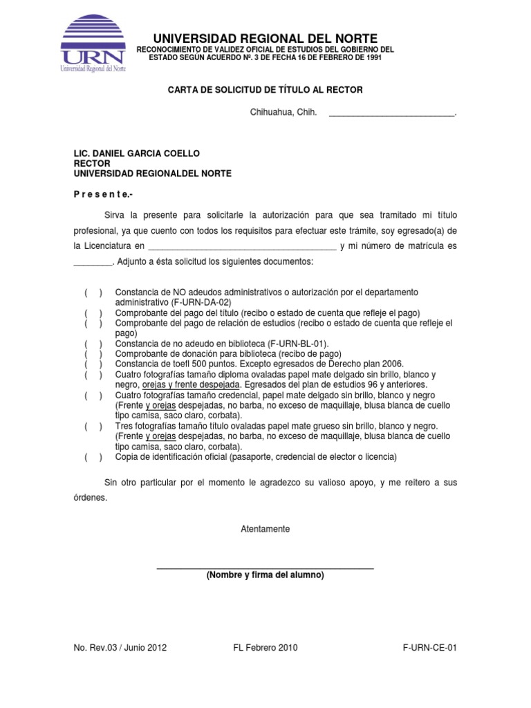 Carta de Solicitud de Titulo Al Rector | PDF