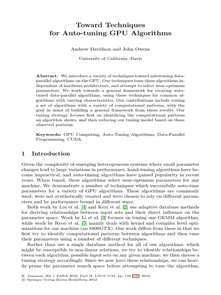 Toward Techniques For Auto-Tuning GPU Algorithms: Abstract. We Introduce A Variety of Techniques ...