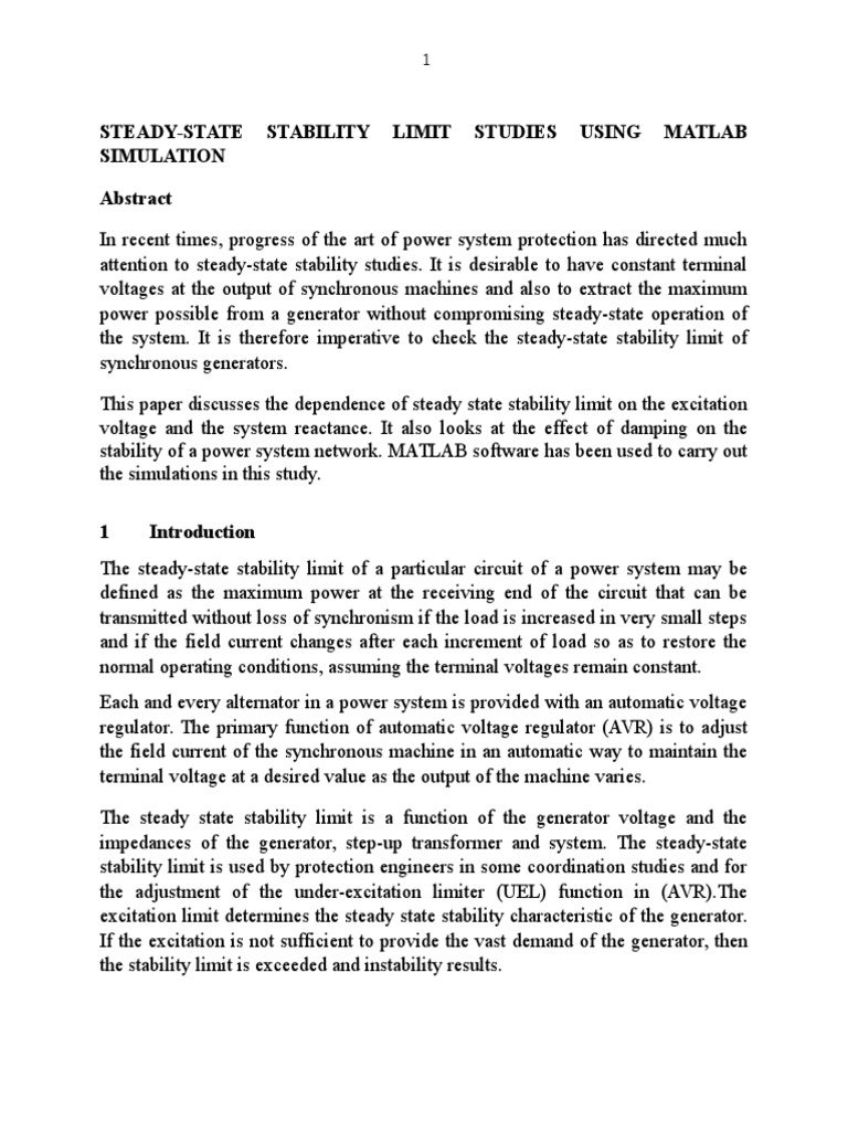 Steady-State Stability Limit Studies Using Matlab Simulation | PDF ...