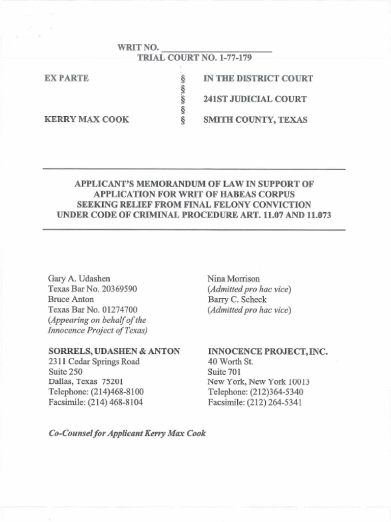 Kerry Max Cook - Writ of Habeas Corpus | PDF