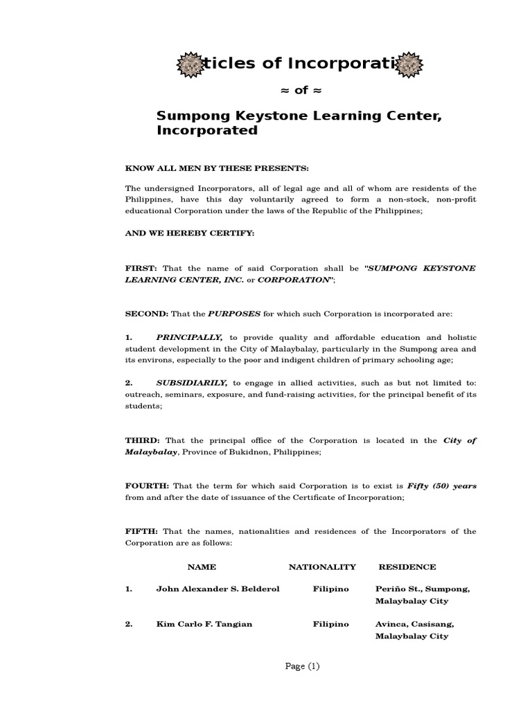 Articles of Incorporation (Sample) | PDF | Corporations | Justice