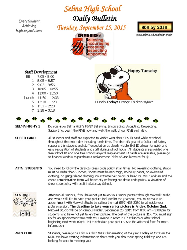 SHS Daily Bulletin 9-15-15 | PDF