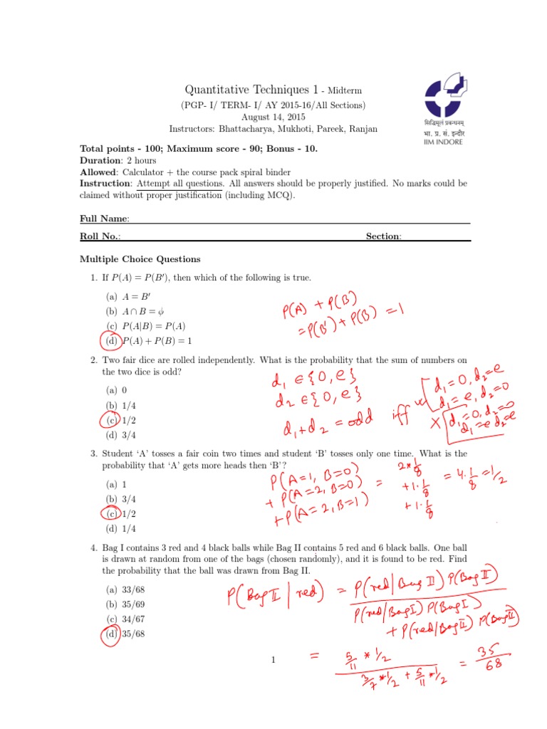QT1 IIM Indore Midterm Paper | PDF | Tax Return (United States) | Odds