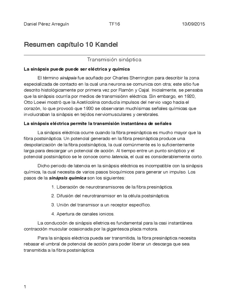 Sinapsis Quimica y Electrica Kandel Cap 10 | PDF | Sinapsis | Neurotransmisor