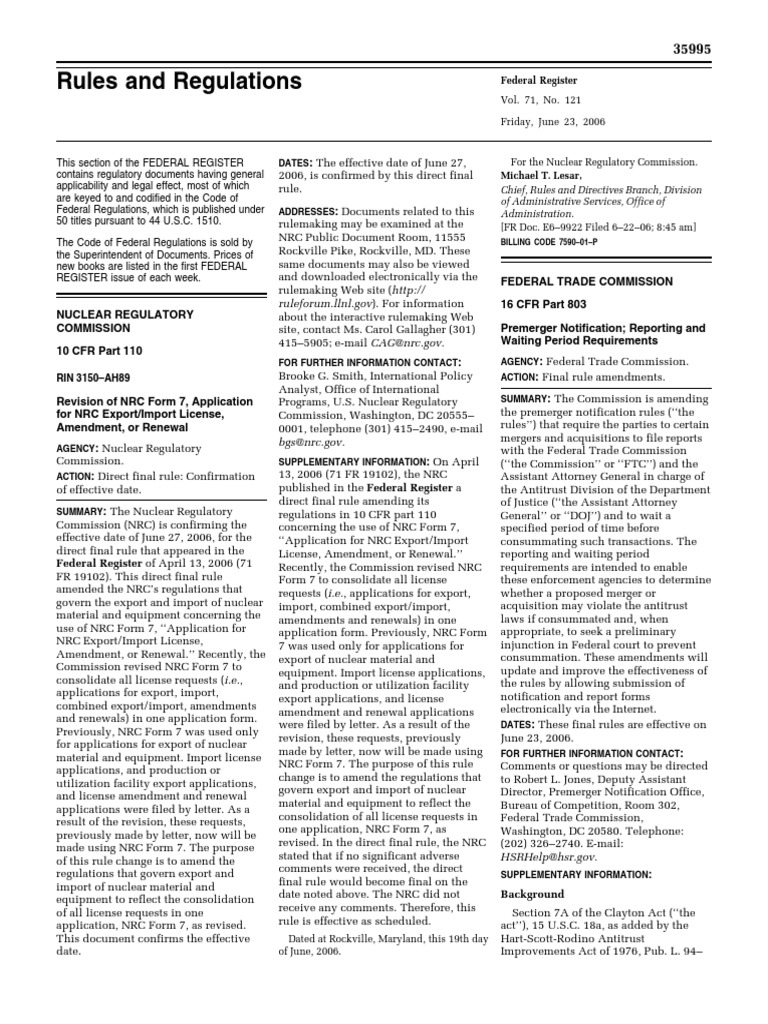 Rule: Nuclear Equipment and Material Export and Import: NRC Form 7 ...