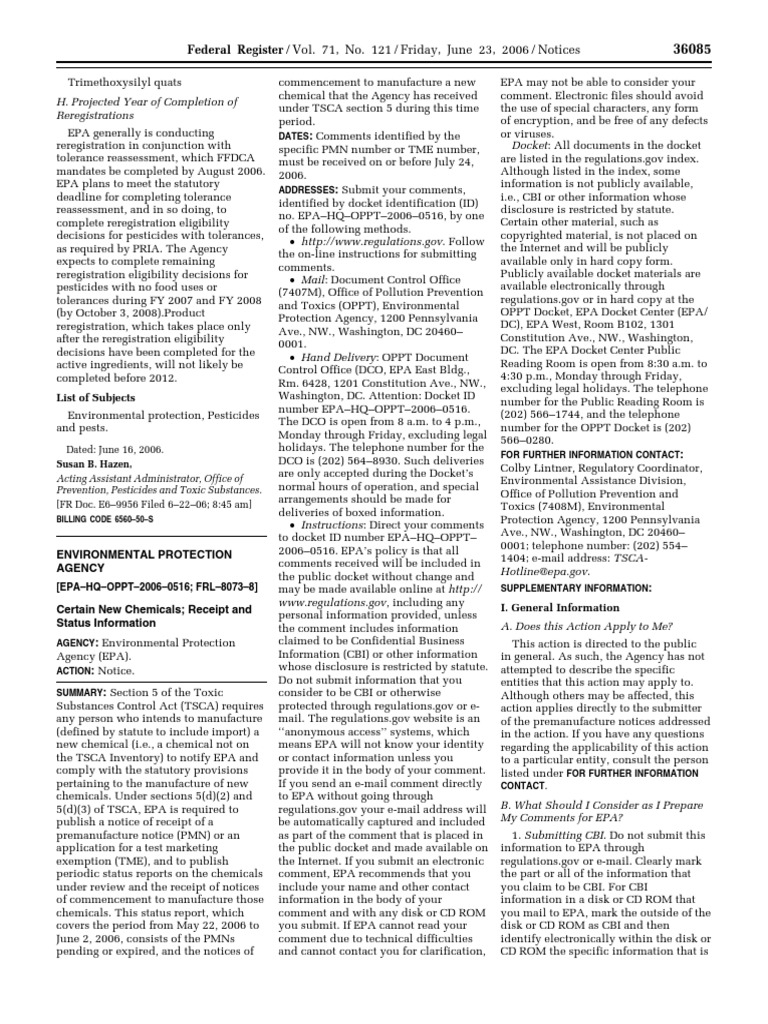 Notice: Environmental Statements Availability, Etc.: New Chemicals ...