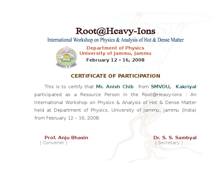 Certificate: Int'l Physics Workshop 2008 | PDF