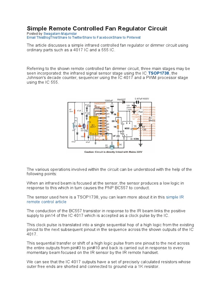 Simple Remote Controlled Fan Regulator Circuit | PDF | Electronic ...