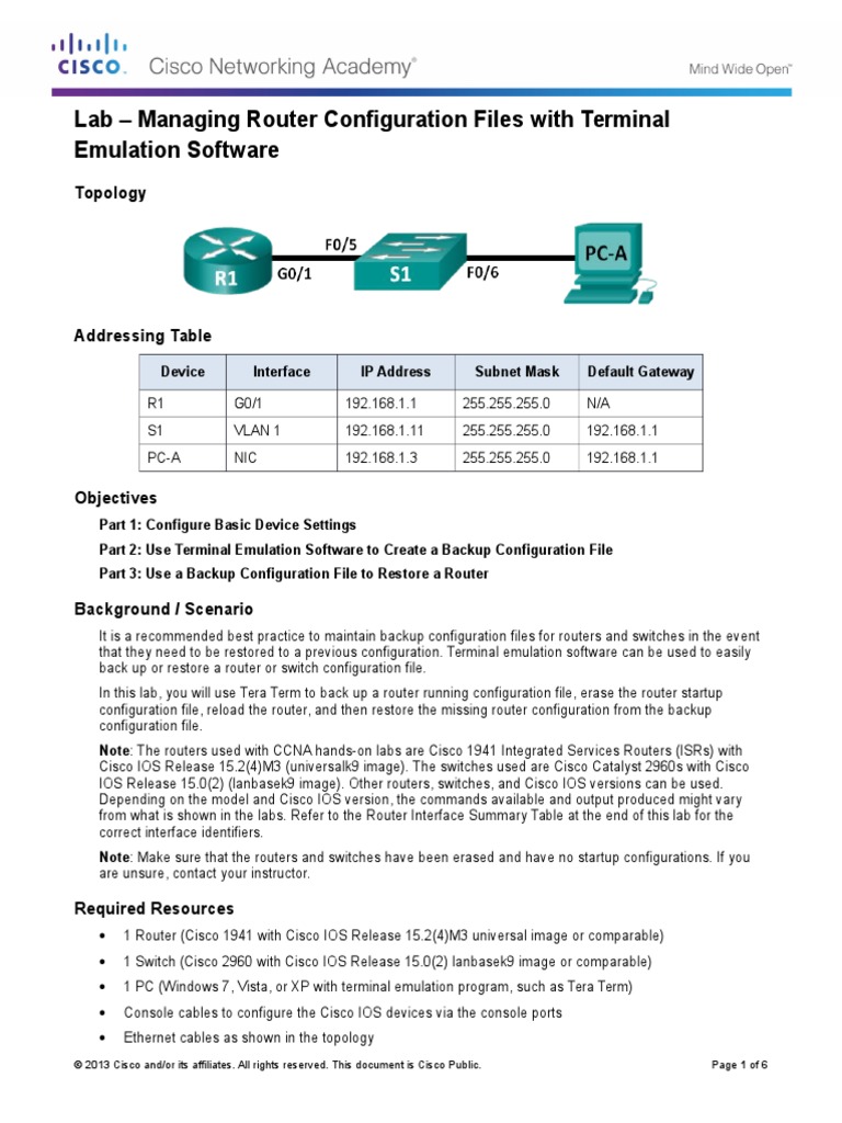 11.4.2.6 Lab - Managing Router Configuration Files With Terminal Emulation Software | PDF ...