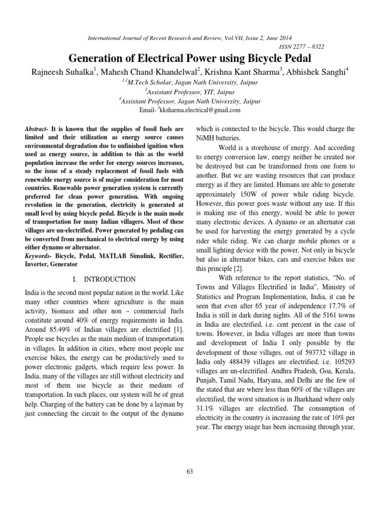10-Generation of Electrical Power Using Bicycle Pedal | PDF | Electric ...