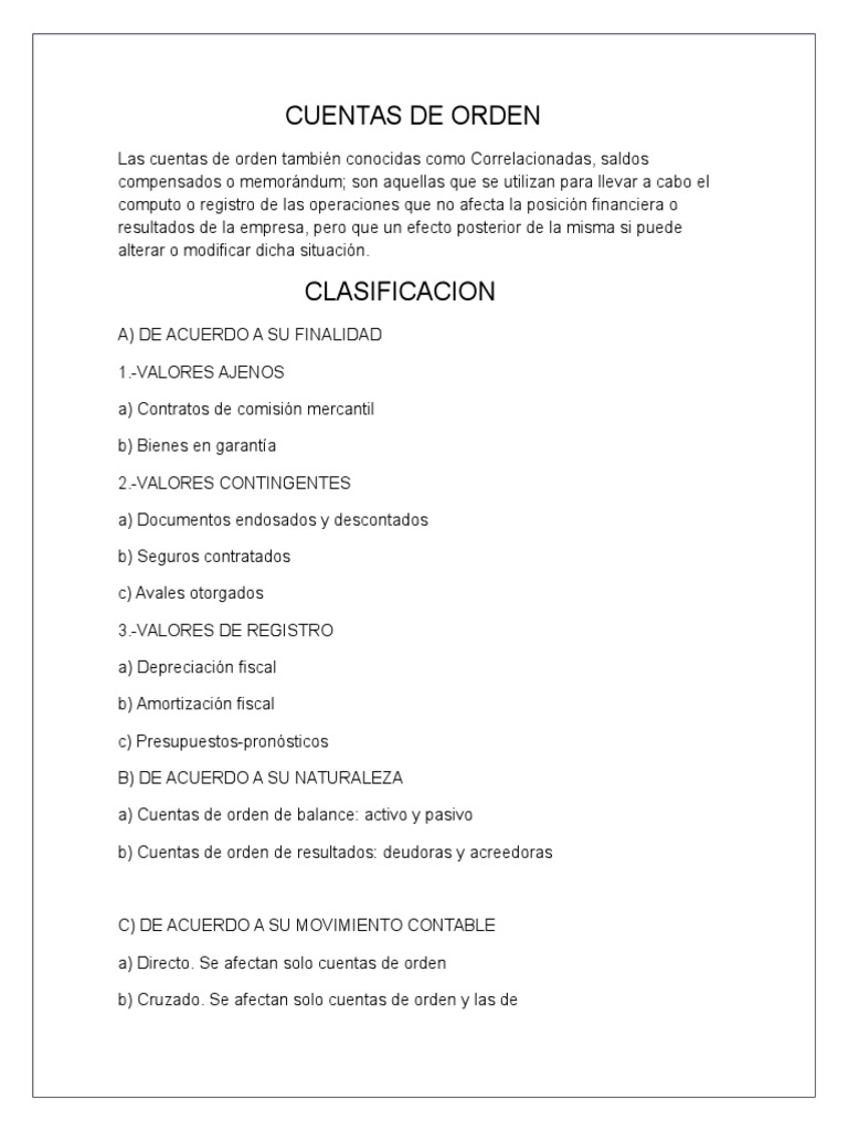 Explicación detallada de las cuentas de orden, sus clasificaciones ...
