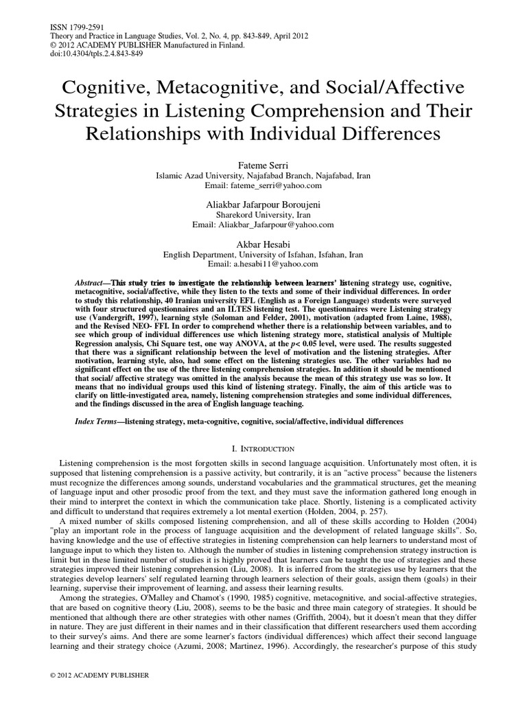 Cognitive Strategies and Listening Comprehension | PDF | Metacognition ...
