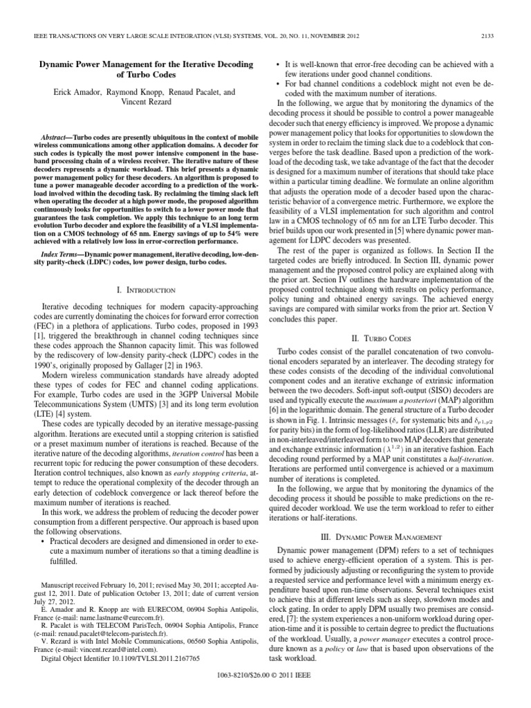 Dynamic Power Management For The Iterative Decoding of Turbo Codes | PDF | Forward Error ...