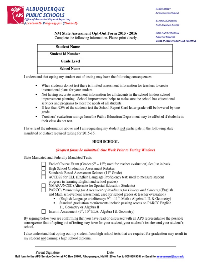 NM State Assessment Opt-Out Form 2015 - 2016: Student Id Number Grade ...