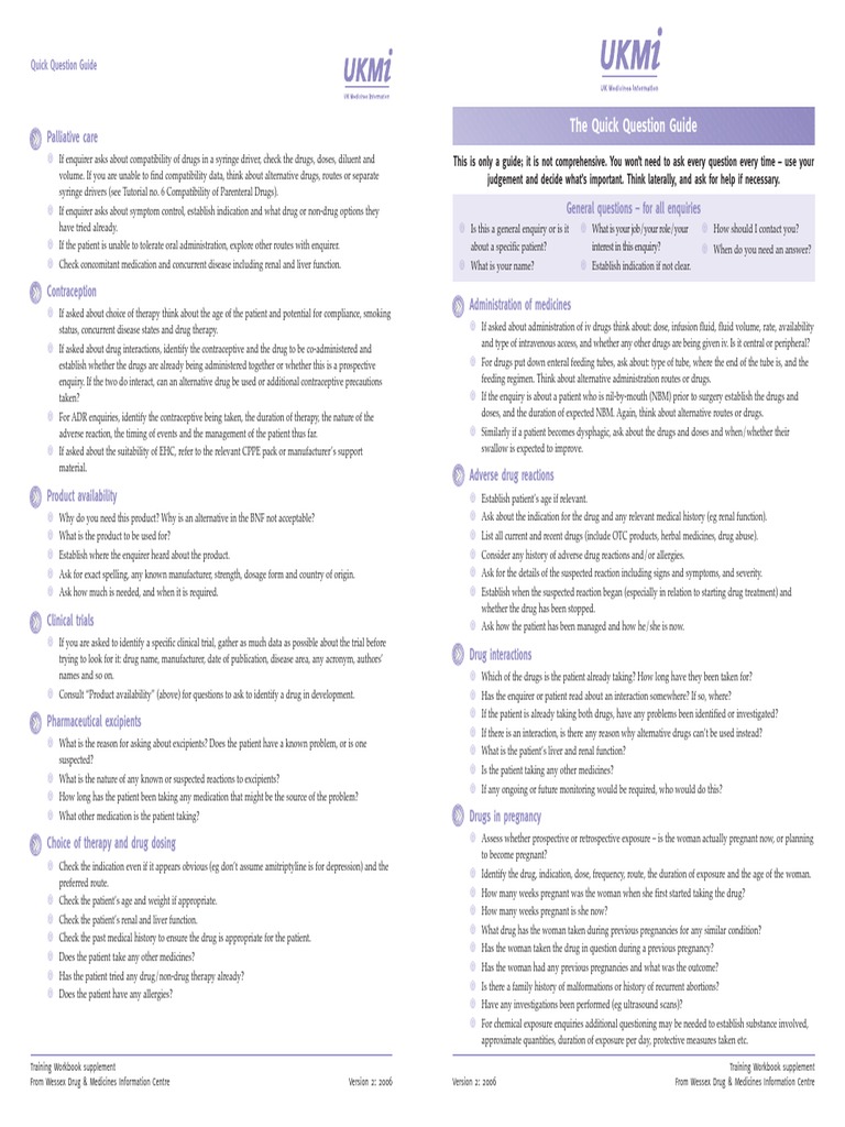 Quick Question Guide | PDF | Pharmaceutical Drug | Intravenous Therapy