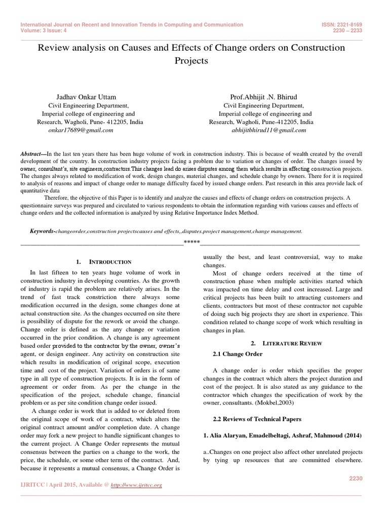 Review Analysis On Causes and Effects of Change Orders On Construction ...
