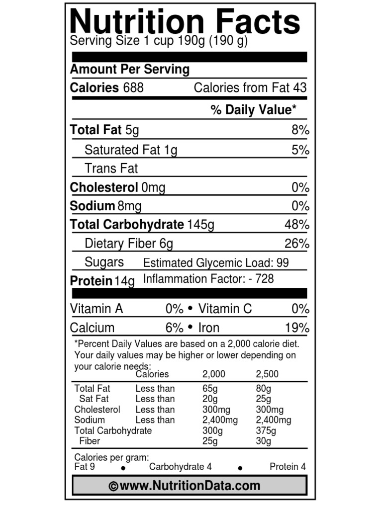 Amount Per Serving Calories % Daily Value Total Fat: Serving Size 1 Cup ...