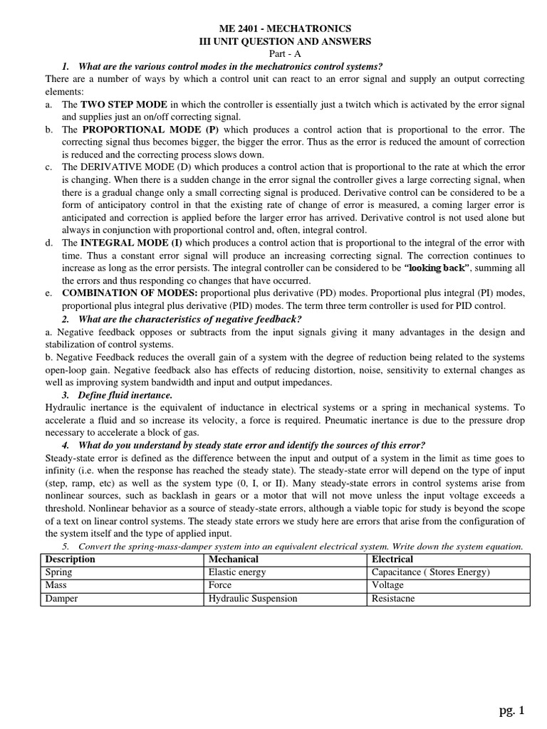 Mechatronics Unit Iii And Iv Question And Answers Download Free Pdf Negative Feedback 