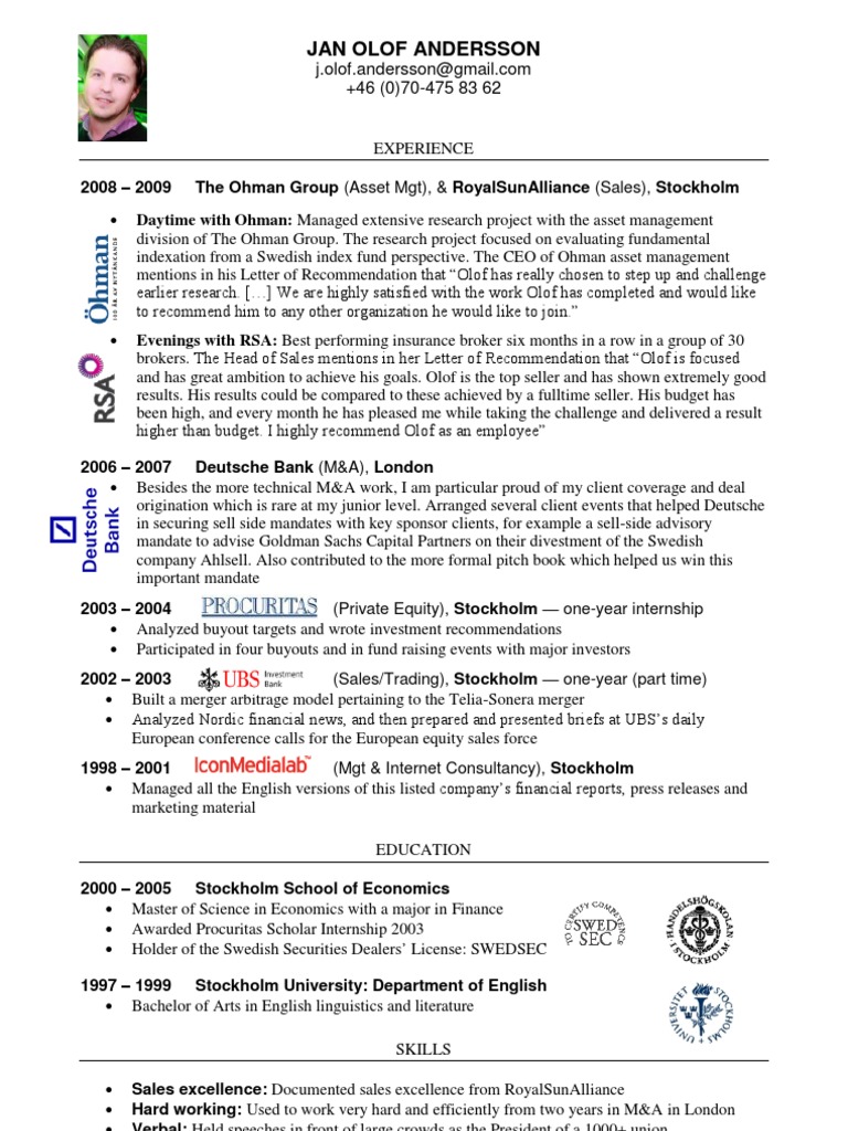 CV of Olof Andersson | Download Free PDF | Mergers And Acquisitions | Sweden
