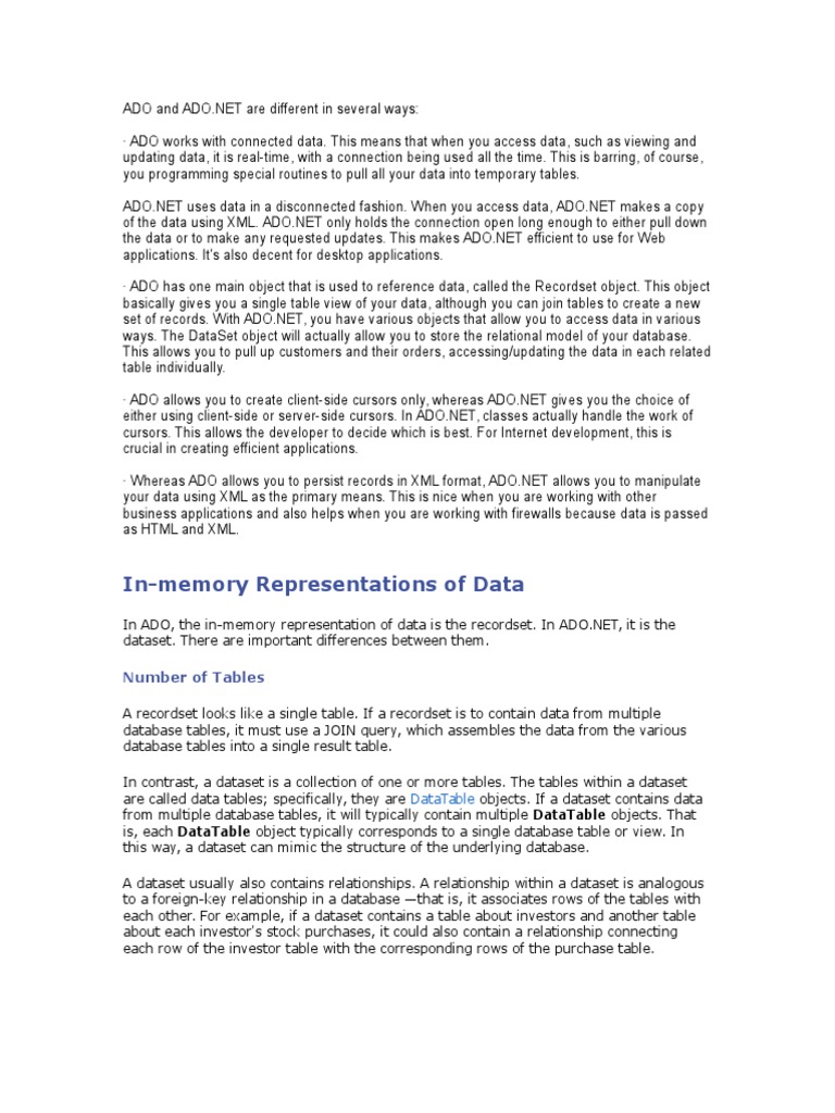Differences Between ADO and ADO.NET Data Representations | PDF ...