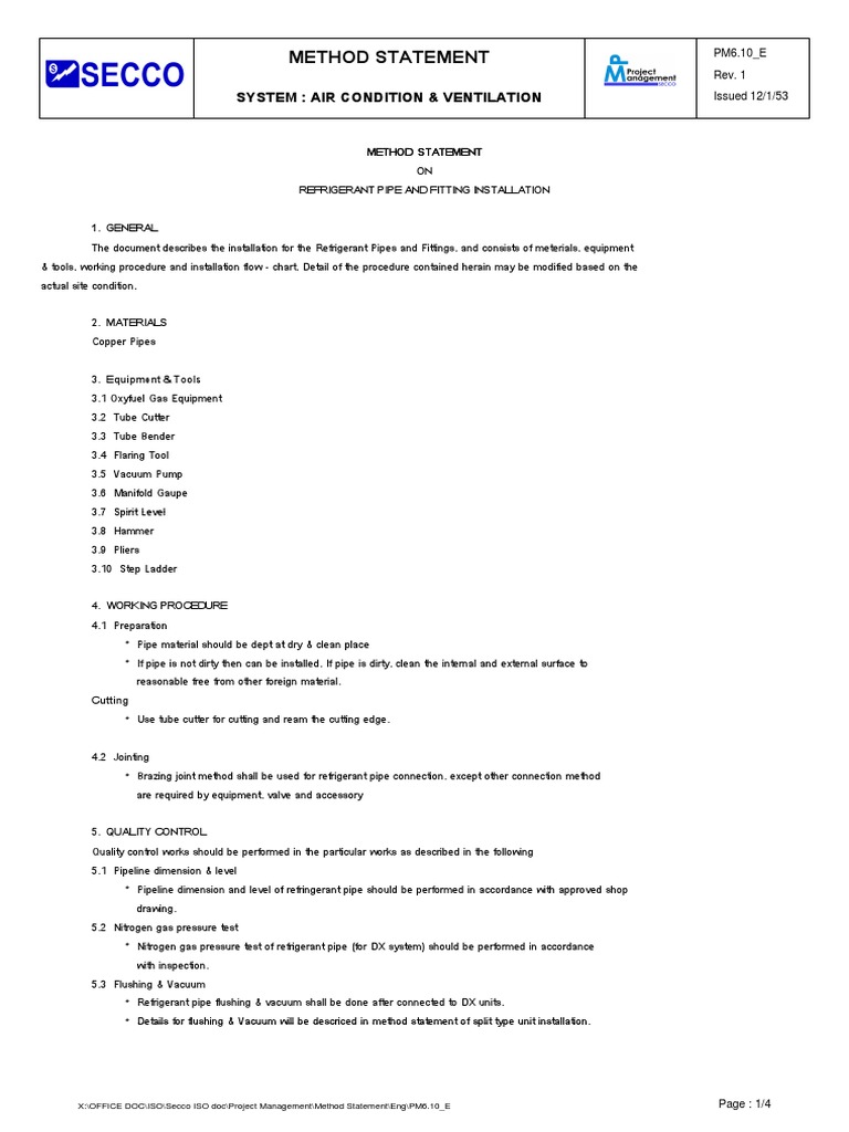 Method Statement: System: Air Condition & Ventilation | PDF | Pipe ...