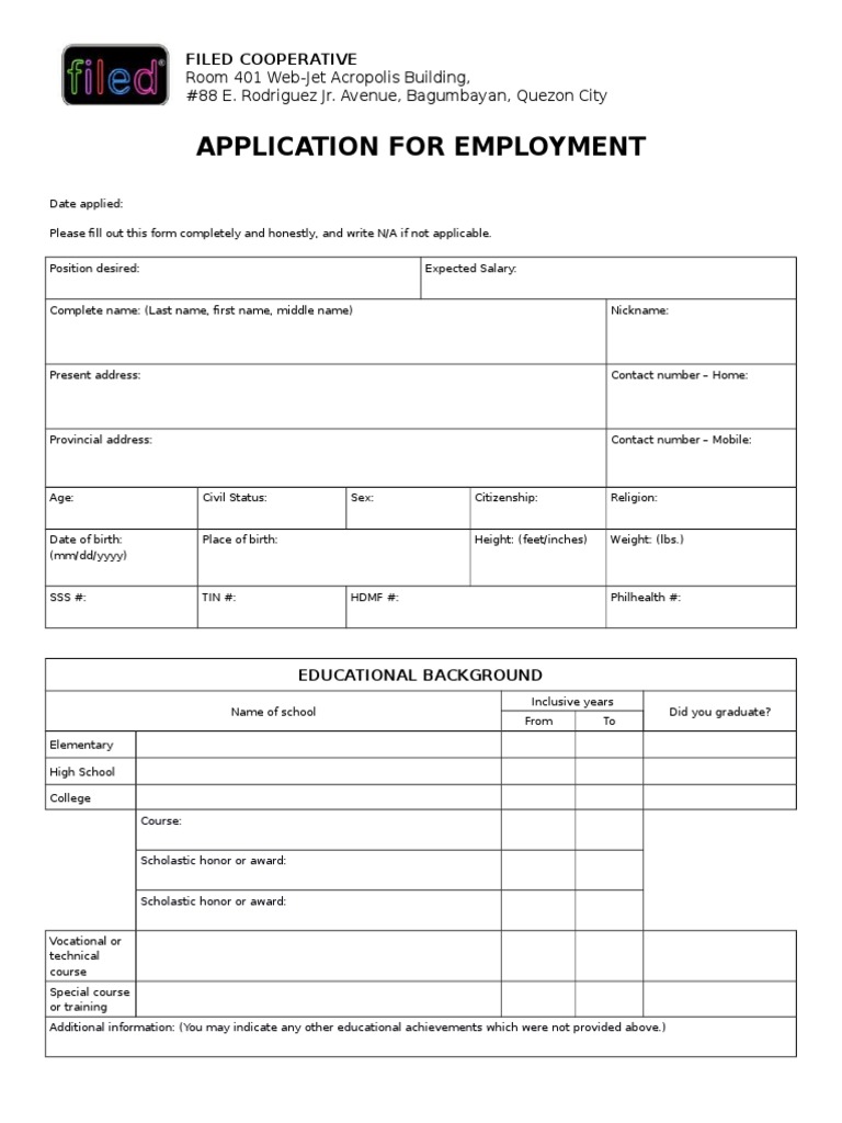 Application For Employment: Room 401 Web-Jet Acropolis Building, #88 E ...