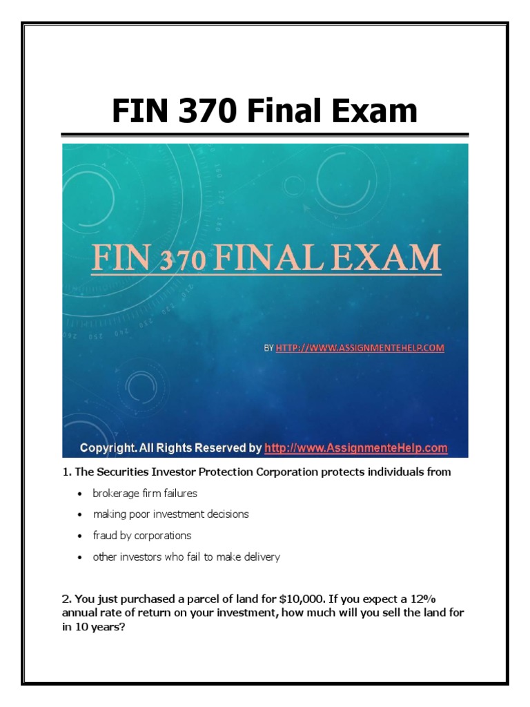 FIN 370 Final Exam 30 Questions With Answers | PDF | Net Present Value | Bonds (Finance)