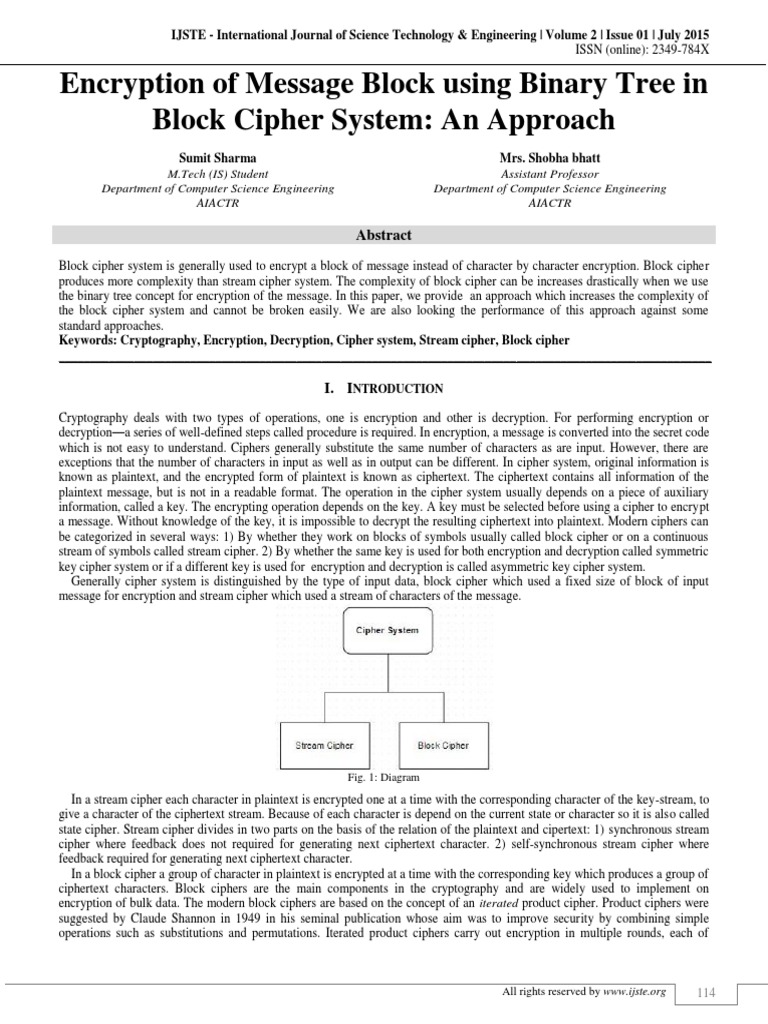 Encryption Of Message Block Using Binary Tree In Block Cipher System An Approach Cipher 