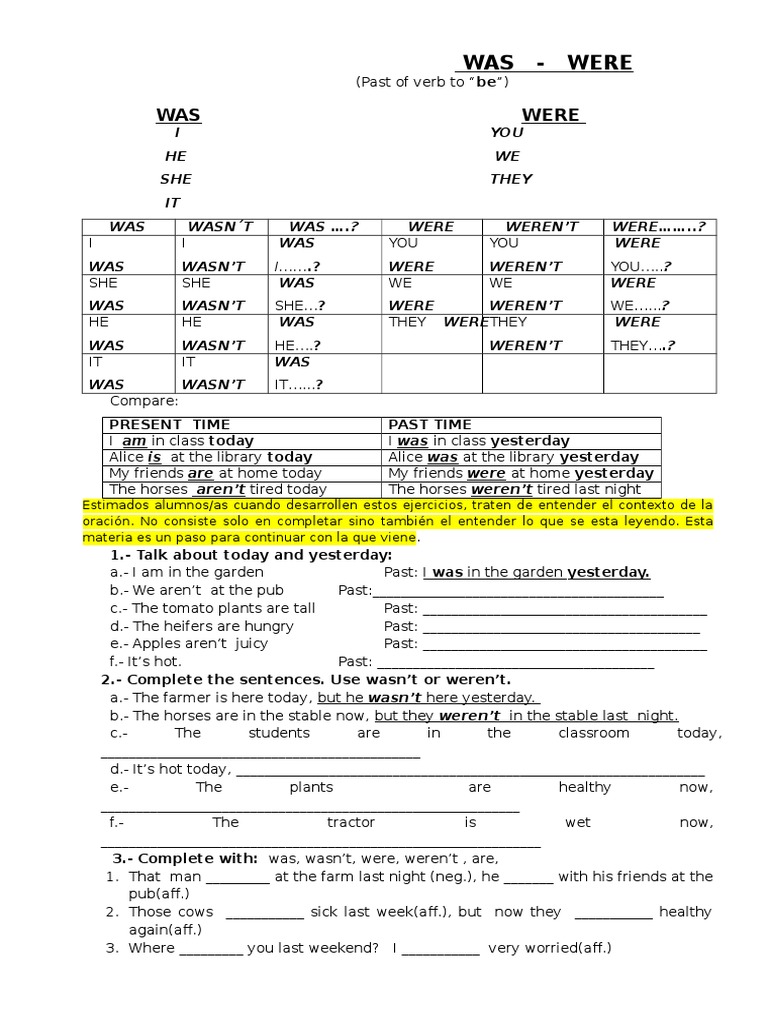 Past Tense of "Be": WAS vs. WERE | PDF