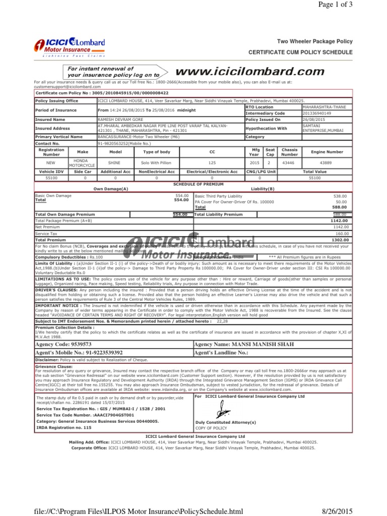 Two Wheeler Insurance Policy Summary | PDF | Insurance | Depreciation