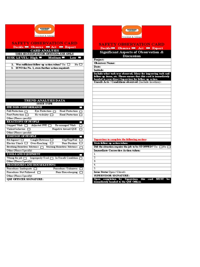 Safety Observation Card Template | PDF