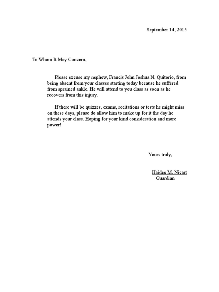 Excuse Letter | PDF | Self-Improvement | Wellness